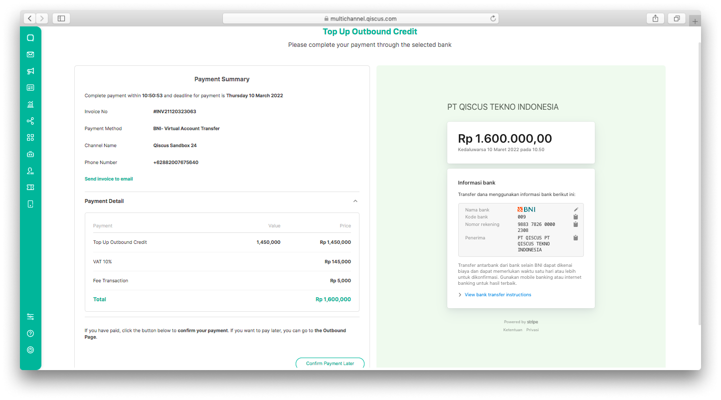 Self Top Up Credit - Documentations | Qiscus