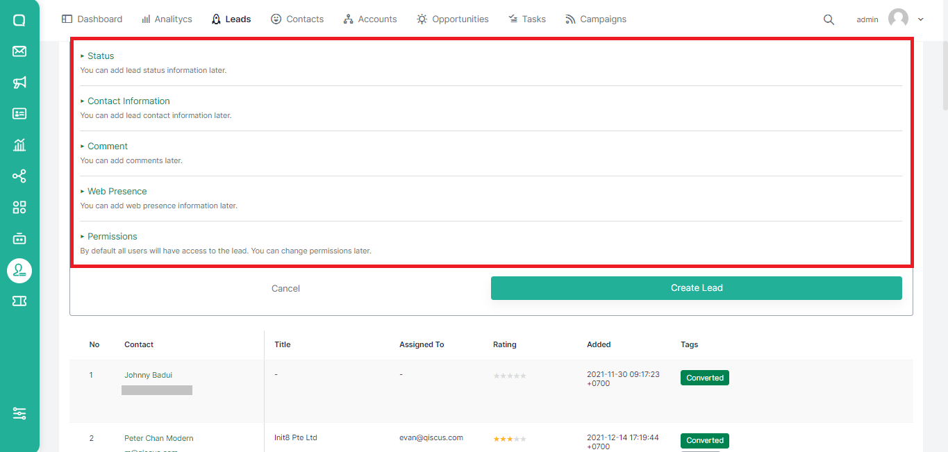 Leads - Documentations | Qiscus