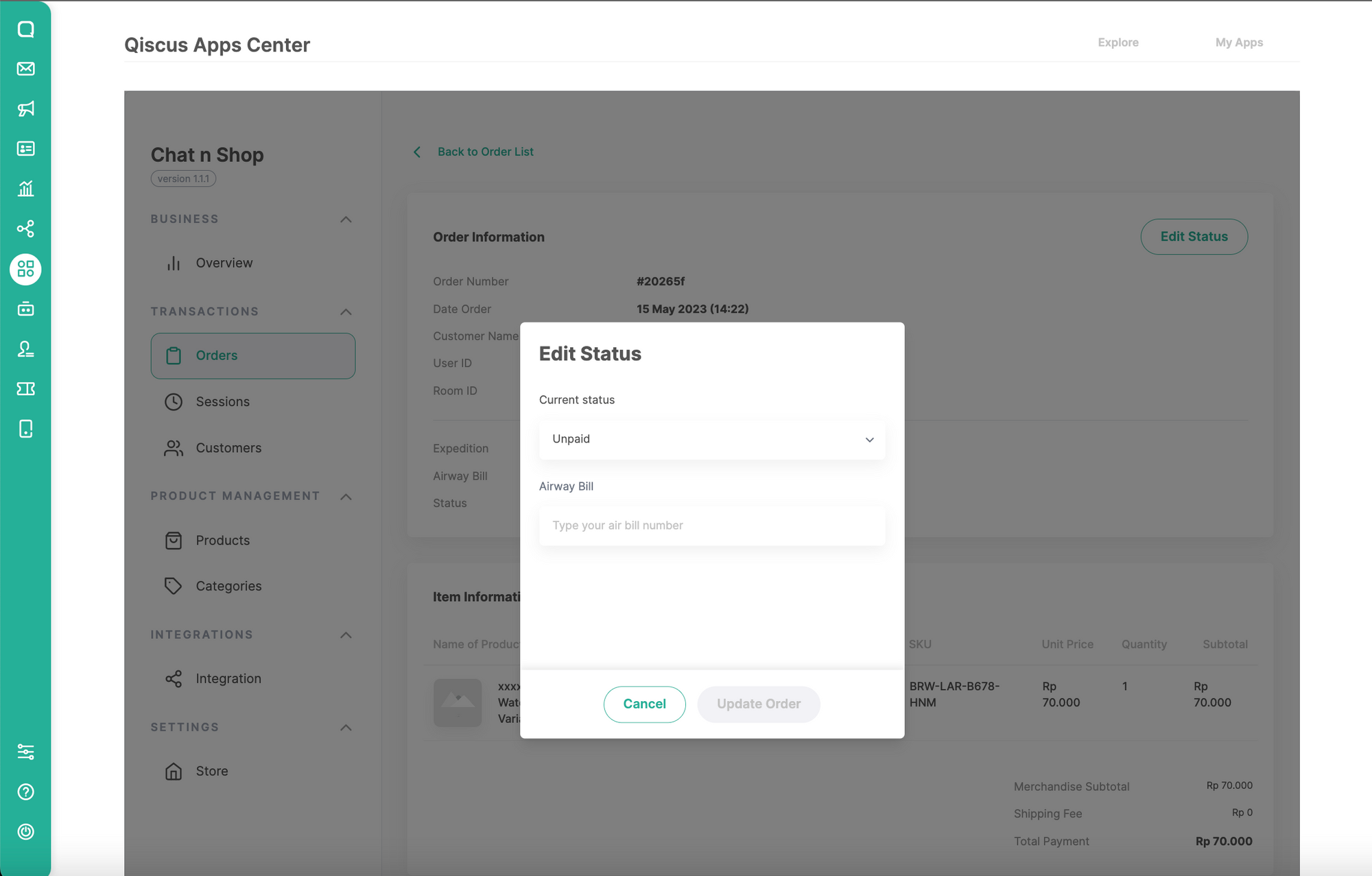 Orders - Documentations | Qiscus
