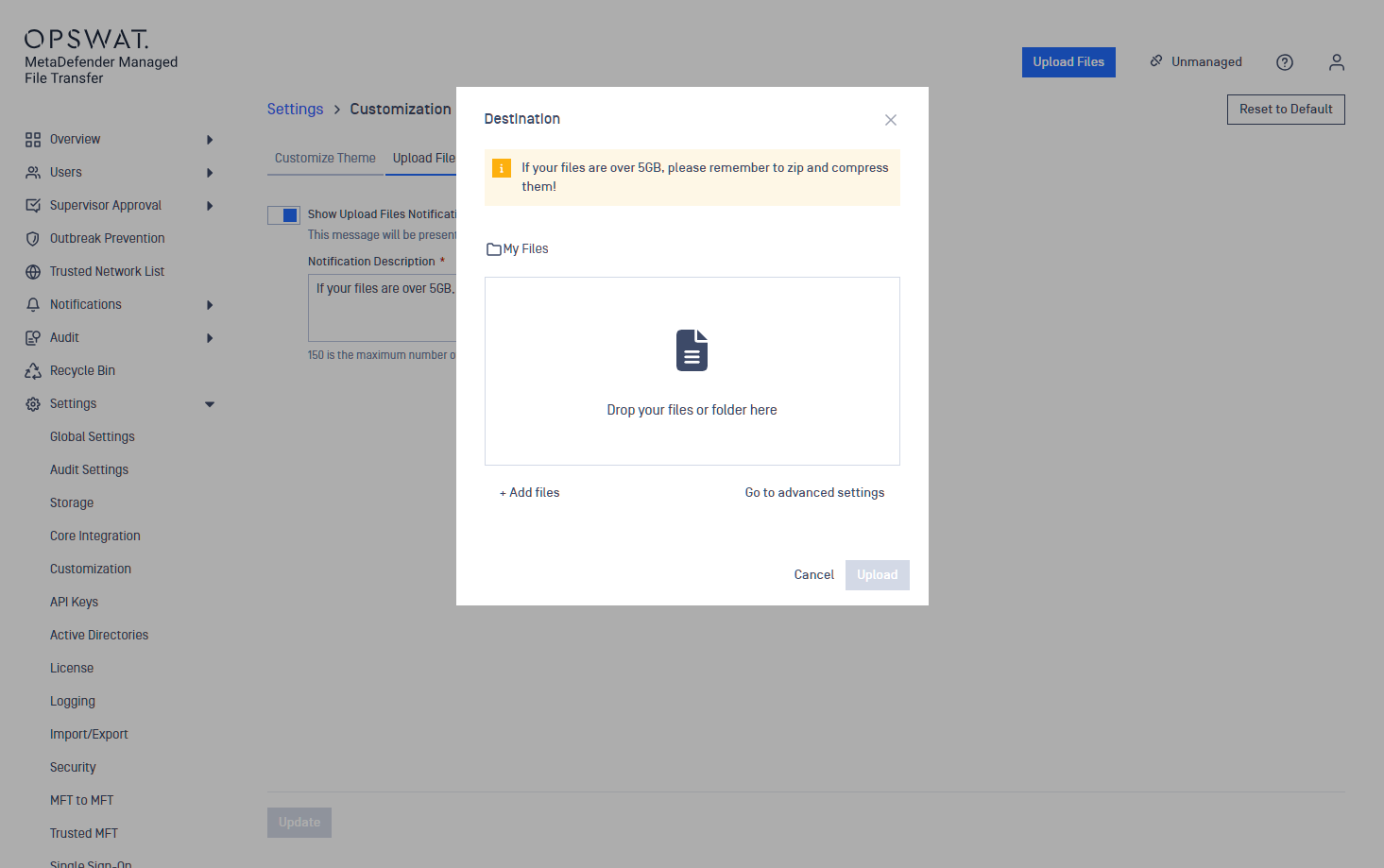 Upload Files Modal Notification - MetaDefender Managed File Transfer Upload Files Modal Notification - MetaDefender Managed File Transfer
